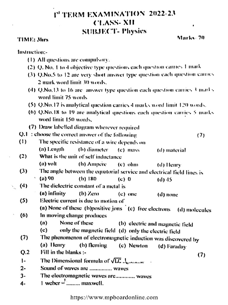 MP Board Class 12 t1 Physics 280223 2023 | PDF