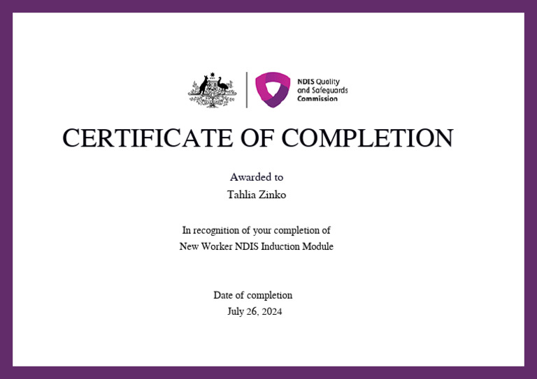 New Worker NDIS Induction Module Completion Certificate | PDF