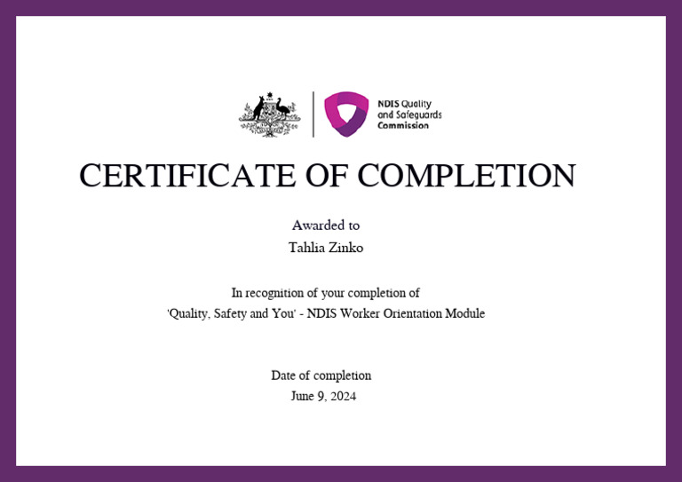 NDIS Worker Orientation Completion Certificate | PDF