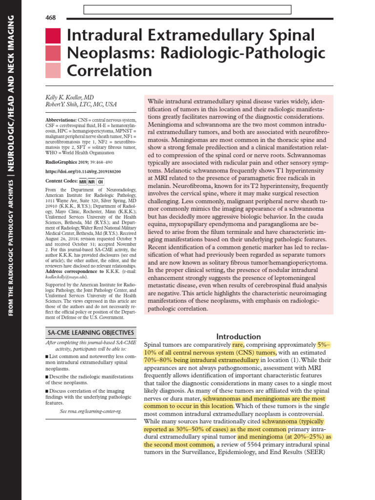 Intradural Extramedullary Spinal Neoplasms - Radiologic-Pathologic ...