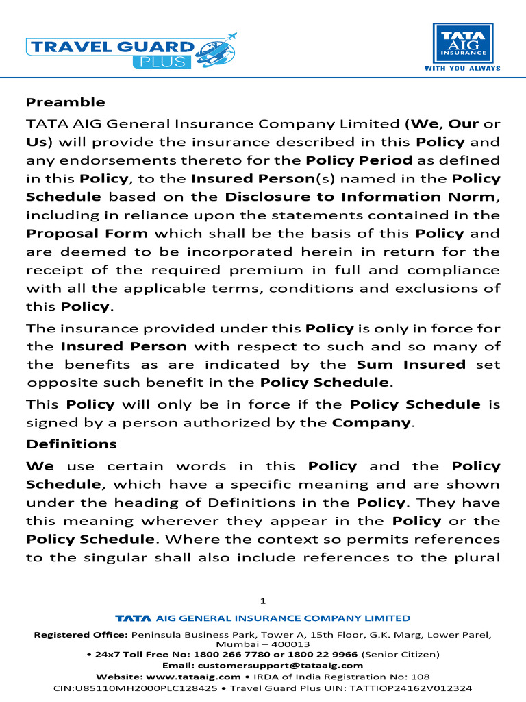 Travel Guard Plus Policy Wording 936a672778 | PDF | Intensive Care Unit ...