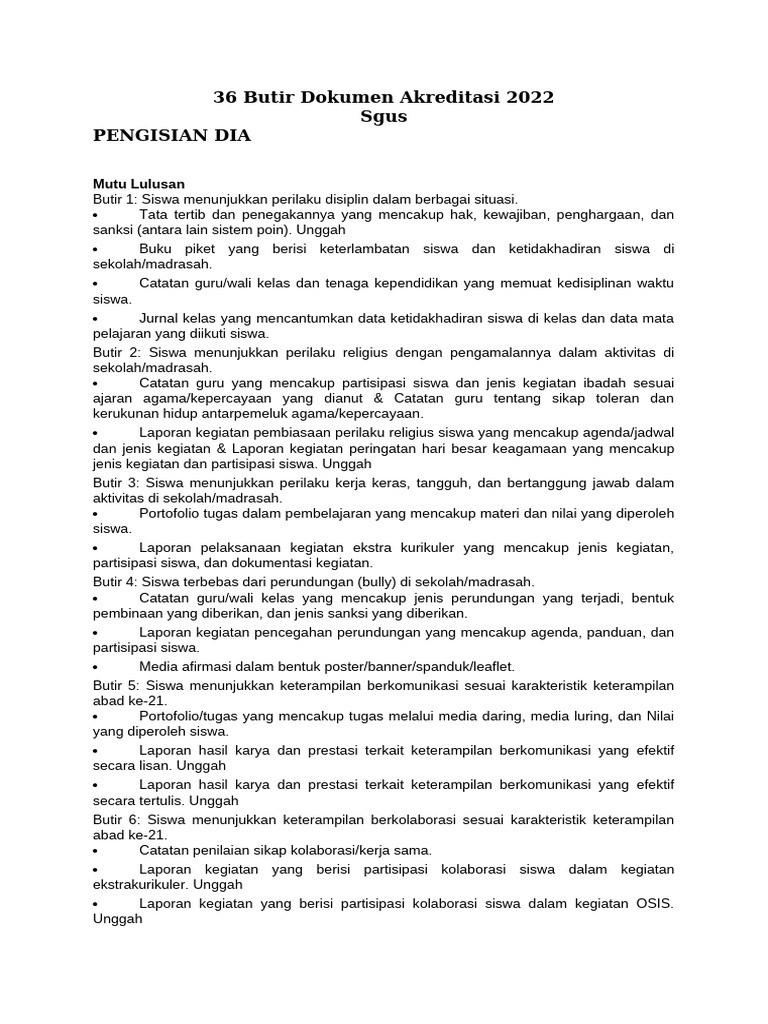 36 Butir Dokumen Akreditasi 2022 | PDF