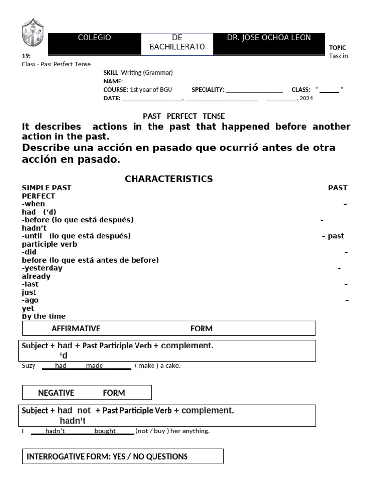 Past Perfect Tense Writing Exercises | PDF | Verb | Perfect (Grammar)