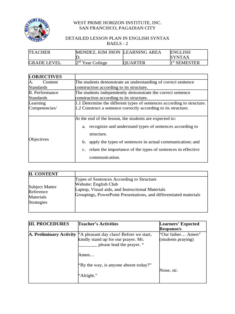 Lesson-Plan-for-CLT-DEMO-1 | PDF | Sentence (Linguistics) | Syntax