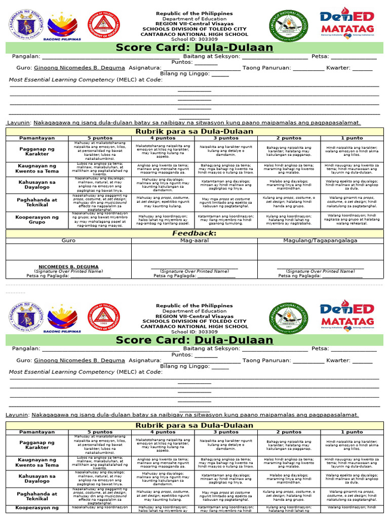 Score Card - Dula-Dulaan - Week 3-4 - Modyul 35-36 - EsP 8 - Nicomedes ...