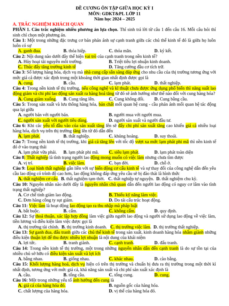 ĐỀ CƯƠNG ÔN TẬP GIỮA HỌC KỲ I MÔN GDKT&PL | PDF