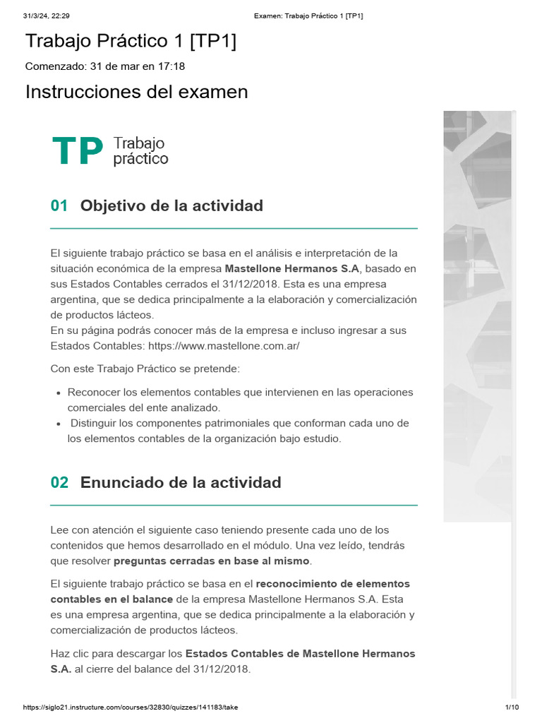 Examen - Trabajo Práctico 1 (TP1) 31 Marzo 2024 Puntaje 93.33 | PDF | Contabilidad | Hoja de balance