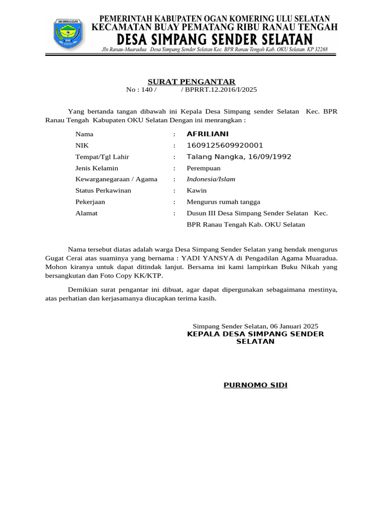 Surat Pengantar Gugat Cerai Desa | PDF