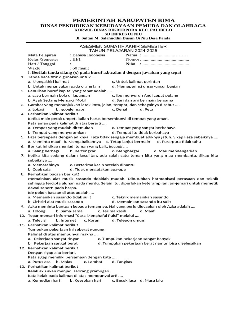 Soal Asas Ganjil Bhs. Indonesia Kelas 3 | PDF
