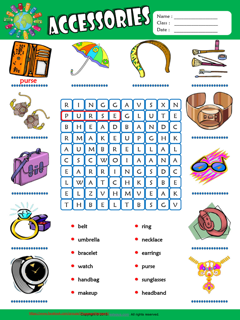 Accessories Esl Vocabulary Word Search Worksheet For Kids ...