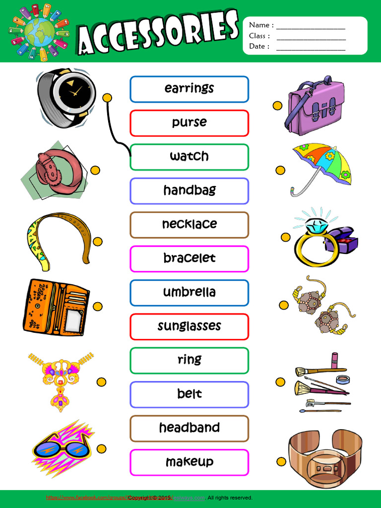 accessories esl vocabulary matching exercise worksheet for kids ...