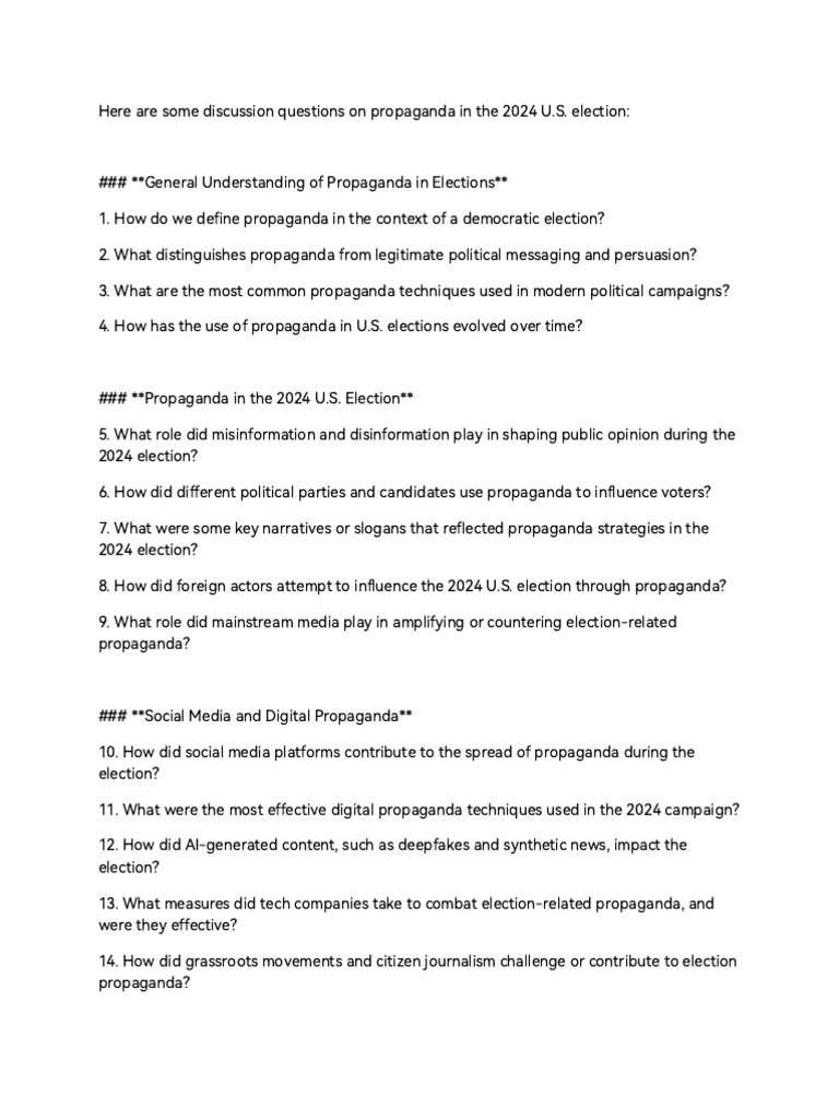 Discussion Questions On Propaganda in 2024 US Election | PDF ...