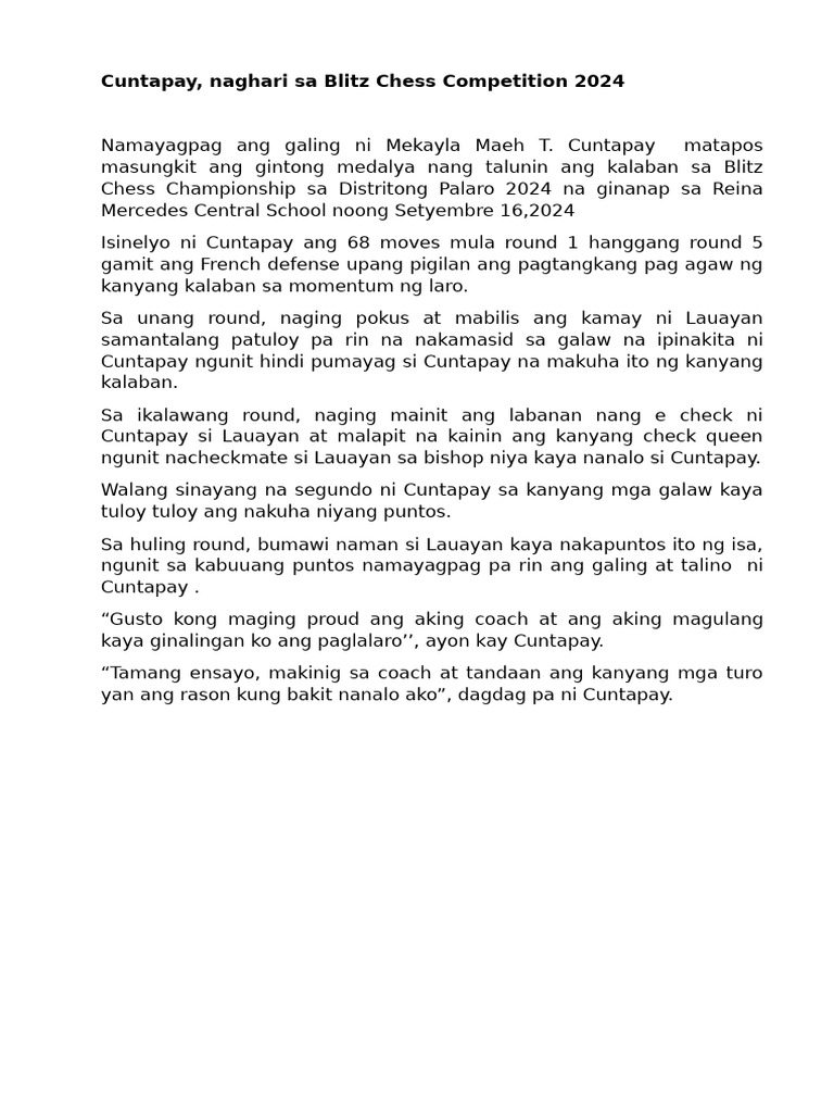 Cuntapay Wins 2024 Blitz Chess Gold | PDF | Chess