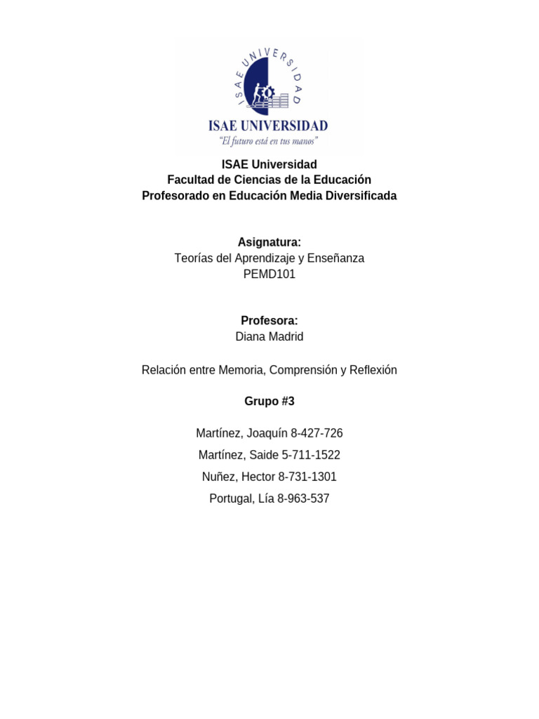 Memoria, Comprensión y Reflexión en Educación | PDF | Memoria | Aprendizaje