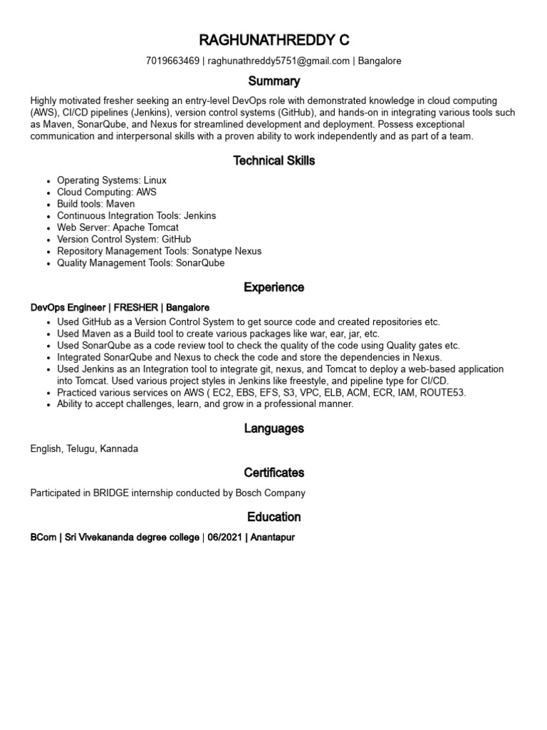 Entry-Level DevOps Resume - Raghu | PDF
