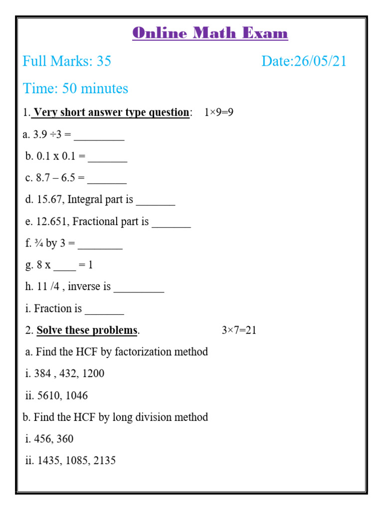 Online Math Exam Questions and Solutions | PDF