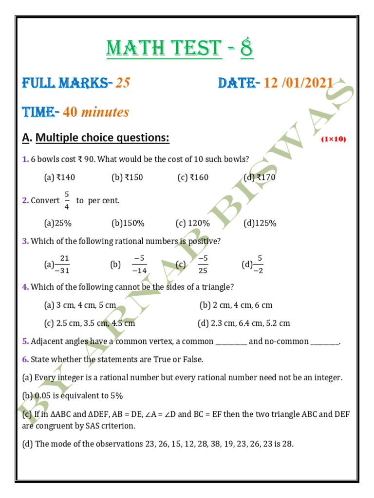 Math Test Questions and Answers | PDF | Triangle | Elementary Mathematics