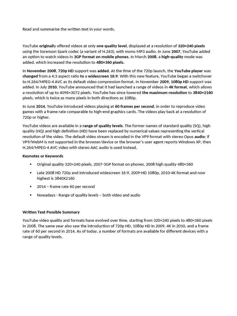 YouTube Video Quality Evolution Summary | PDF