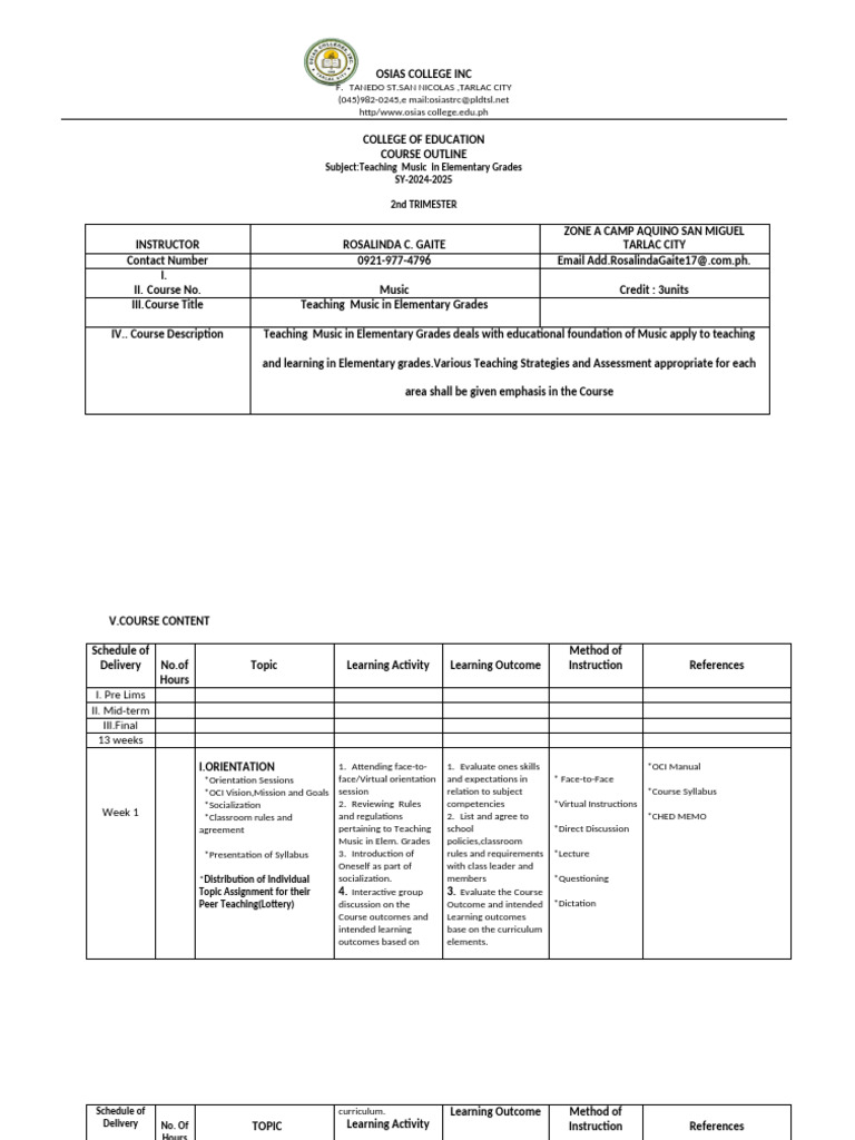 Syllabus Music Teaching in Elem - Grades | PDF | Harmony | Musical Notation