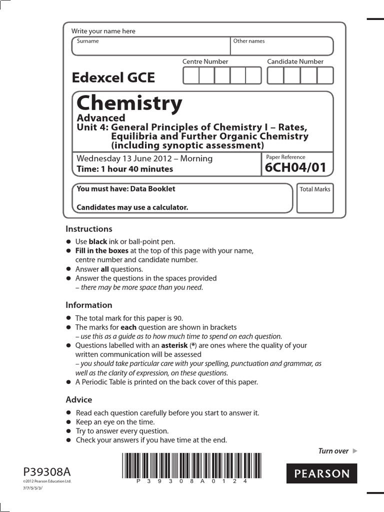 June 2012 QP - Unit 4 Edexcel Chemistry A-Level | PDF | Chemical Reactions | Chlorine