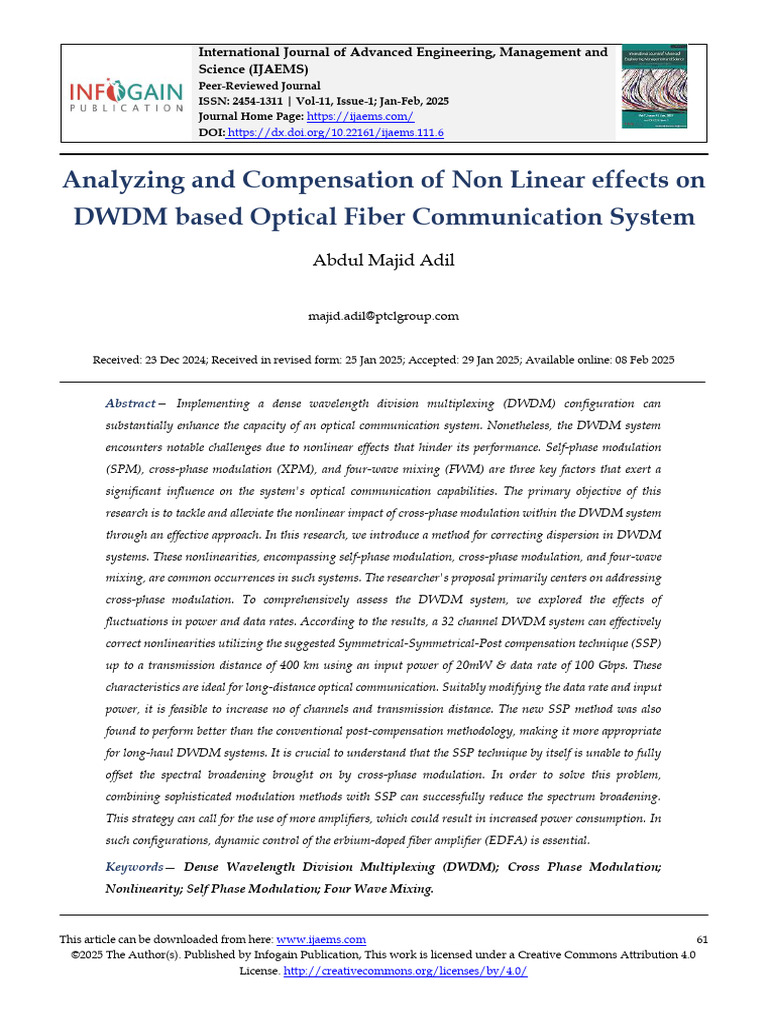 Analyzing and Compensation of Non Linear effects on DWDM based Optical Fiber Communication ...