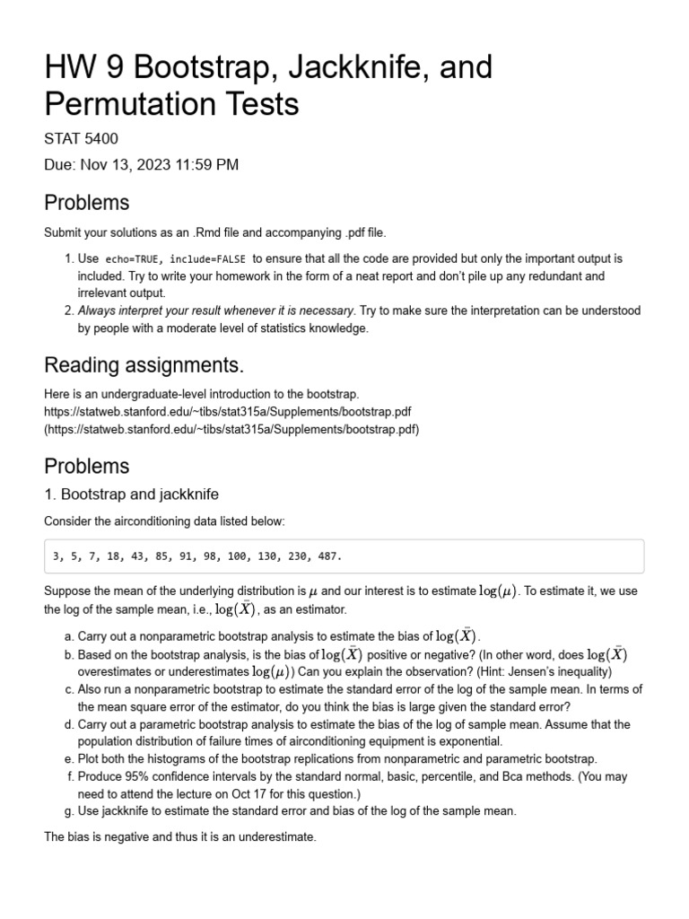 HW 9 Bootstrap, Jackknife, and Permutation Tests | PDF | Resampling ...