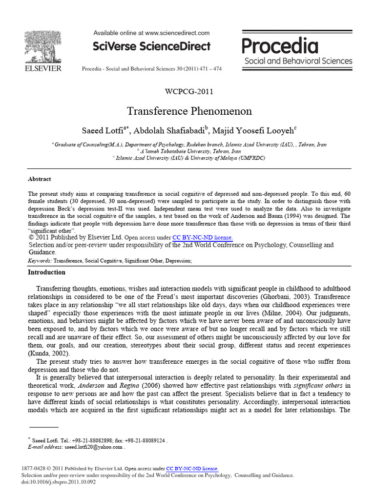 Transference Phenomenon - 2011 - Procedia - Social and Behavioral Sciences | PDF | Standard ...