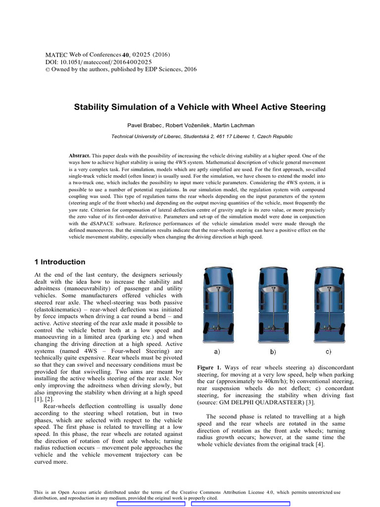 Stability Simulation of a Vehicle with Wheel Active Steering | PDF ...