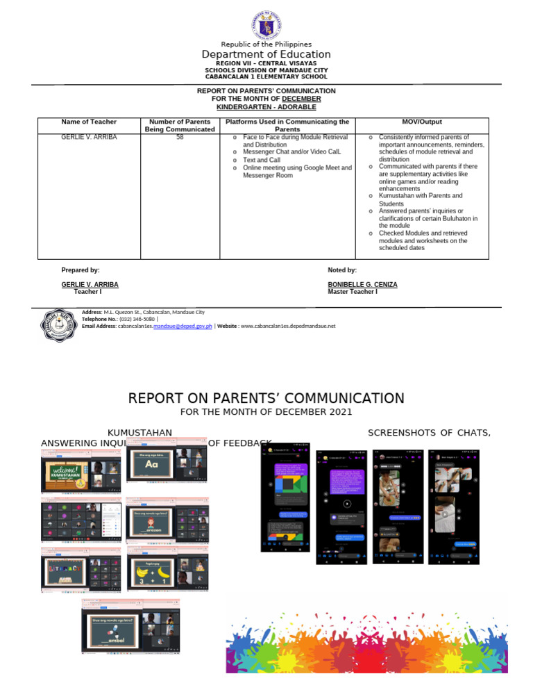 ARRIBA (DECEMBER Report On Parents Communication) | PDF