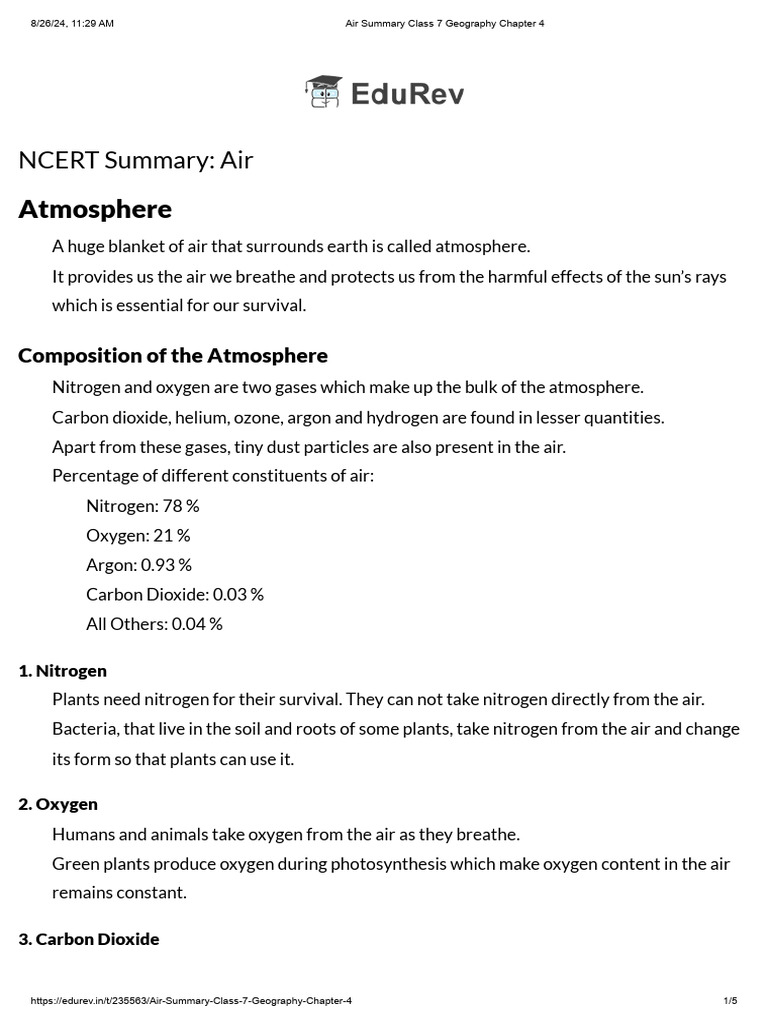 Air Summary Class 7 Geography Chapter 4 | PDF | Atmosphere Of Earth ...