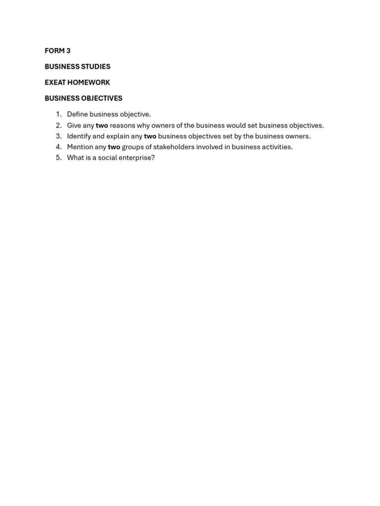 Form 3 Business Studies Exeat Work | PDF