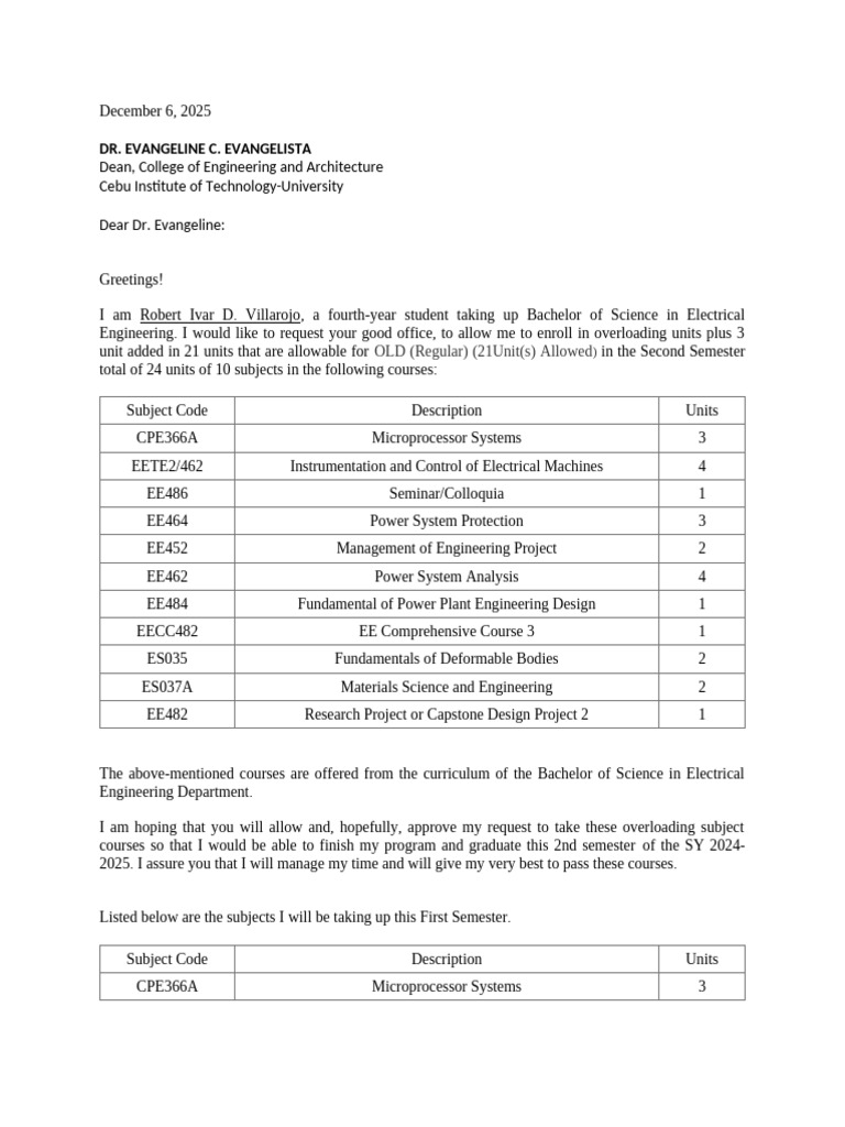 Letter Request For Overloading Second Semester Villarojo | PDF | Science | Engineering
