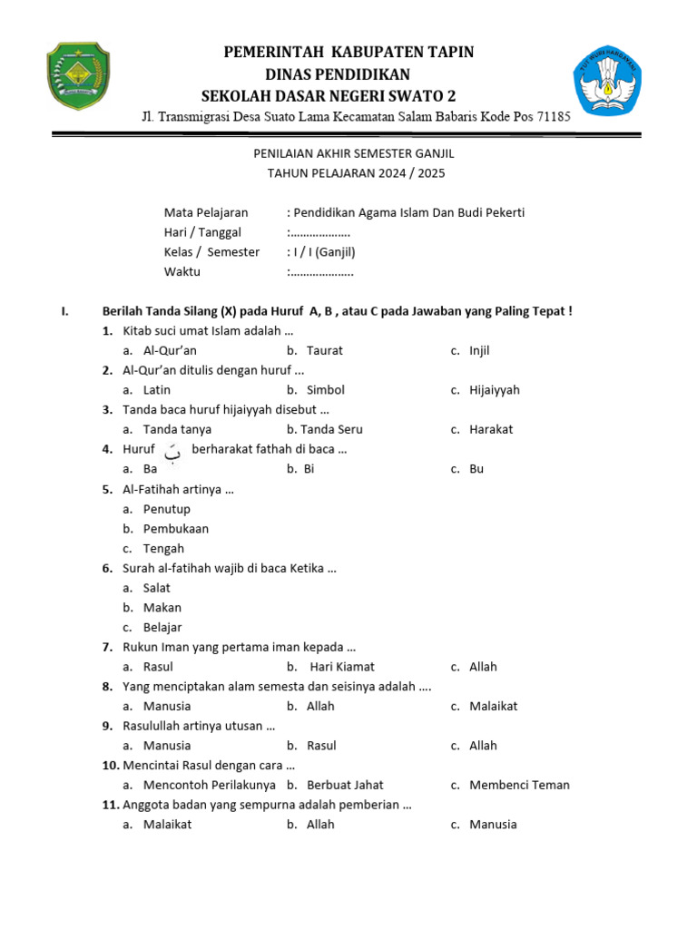 Kelas 1 Soal Pai Sm 1 Kurikulum Merdeka Pdf