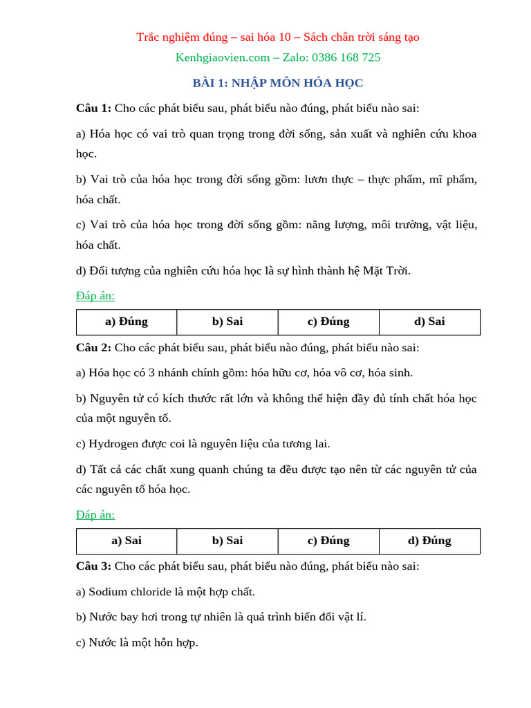 TN Dung Sai Hoa10 CTST Bai1 Nhap Mon Hoa Hoc | PDF