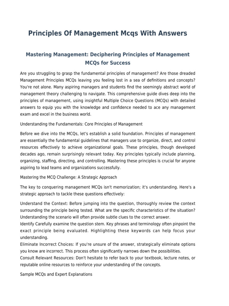 Principles of Management Mcqs With Answers | PDF | Marketing | Multiple ...