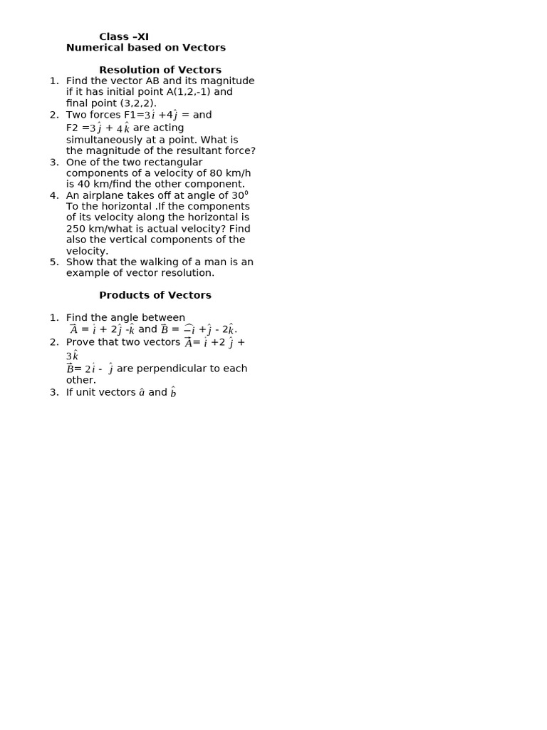 Class Xi Vector Numerical Problems Pdf 7204