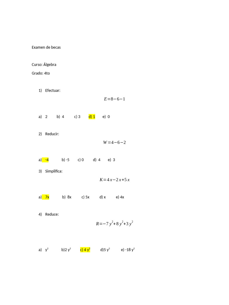 Examen de Álgebra para 4to Grado | PDF