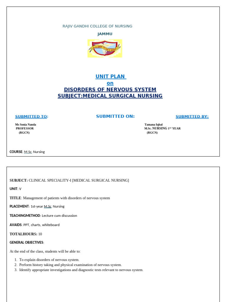 Nervous System Disorders Unit Plan | PDF | Medical Diagnosis | Nursing