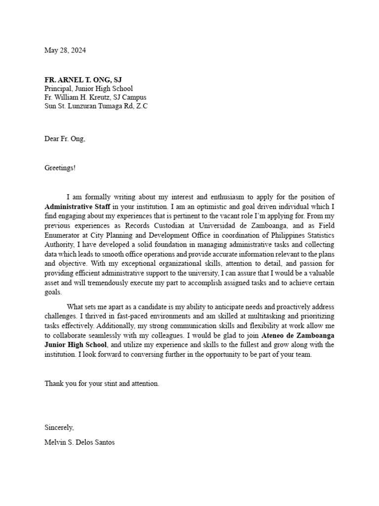 Delos Santos Application Letter Adzu JHS | PDF