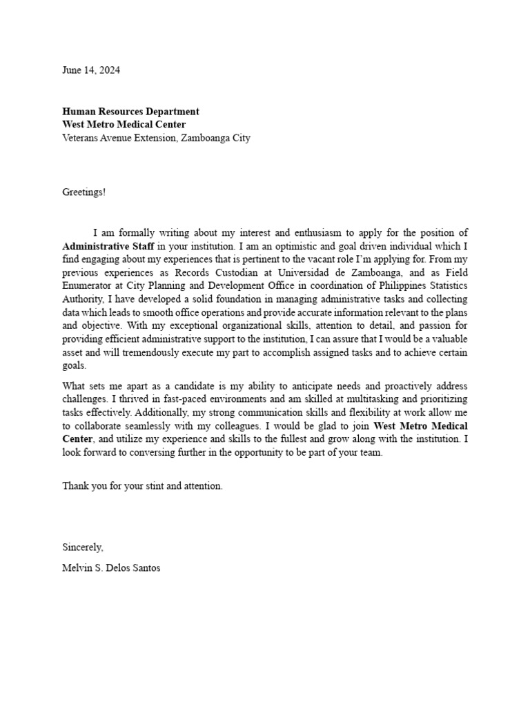 DELOS SANTOS Application Letter WMMC | PDF