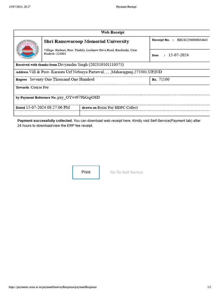 SRMU Course Fee Payment Receipt | PDF