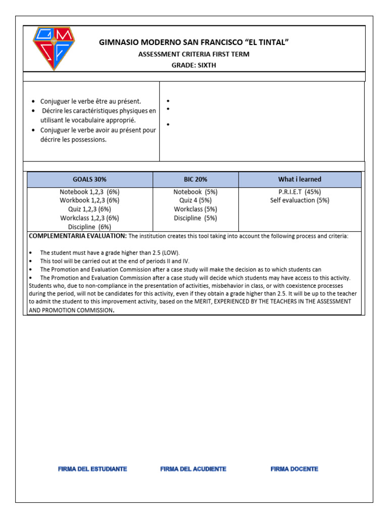 ASSESSMENT CRITERIA FIRST TERM-SIXTH GRADE-FRENCH (1) | PDF | Cognition ...
