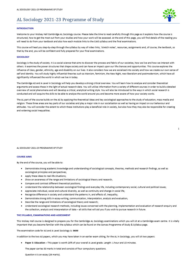 AL Sociology 2021-23 Course Overview | PDF | Sociology | Evaluation