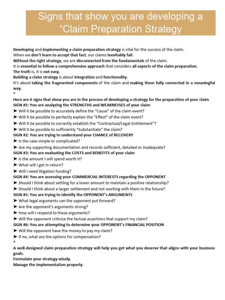 Signs that show you are developing a Claim Preparation Strategy | PDF