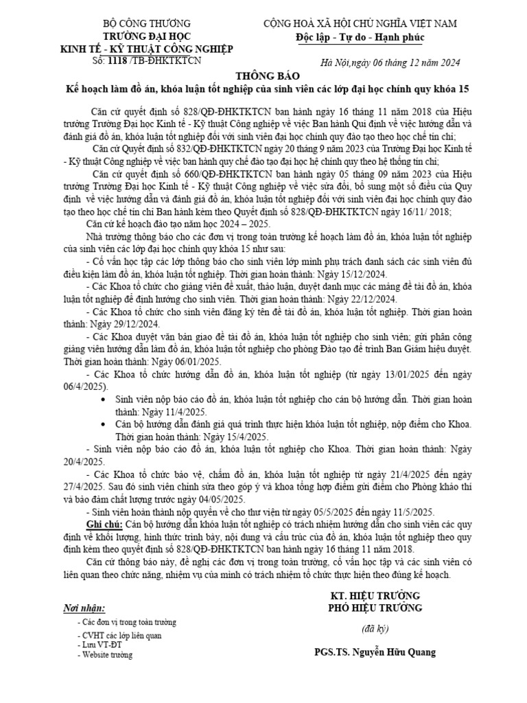Thông báo số 1118 kế hoạch làm KLTN K15 | PDF