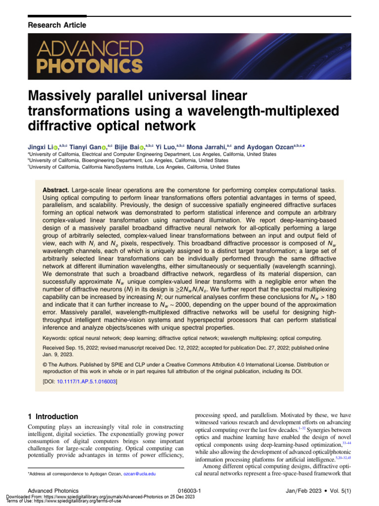 Massively Parallel Universal Linear Transformations Using A Wavelength-Multiplexed Diffractive ...