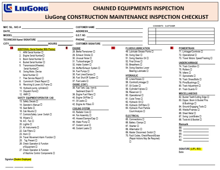 Chained Equipments-Inspection Checksheet | PDF | Vehicle Technology | Manufactured Goods