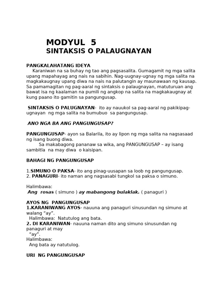 Modyul 5 - Sintaksis o Palaugnayan | PDF