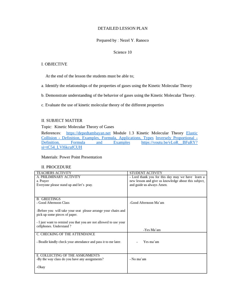 NEZEL Detailed Lesson Plan - 073118 | PDF | Gases | Collision