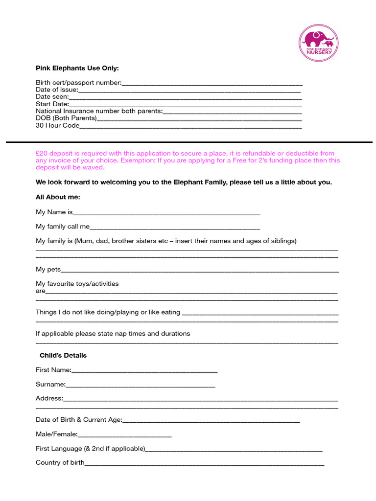 Pink Elephants Nursery Registration Form | PDF